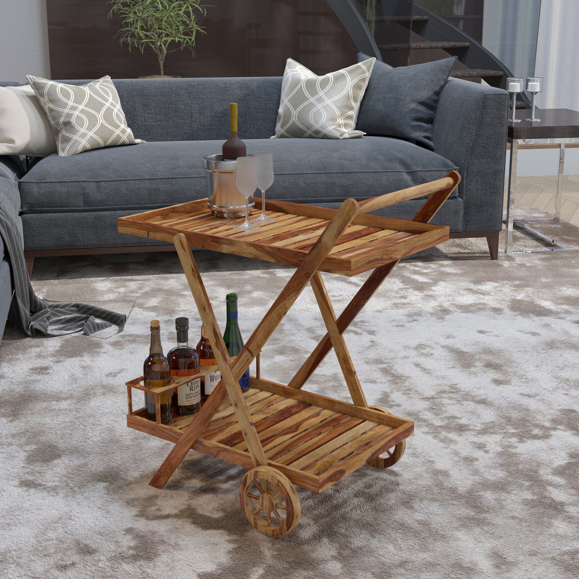 Classic Stripped Style Wooden Handmade Bar Trolley