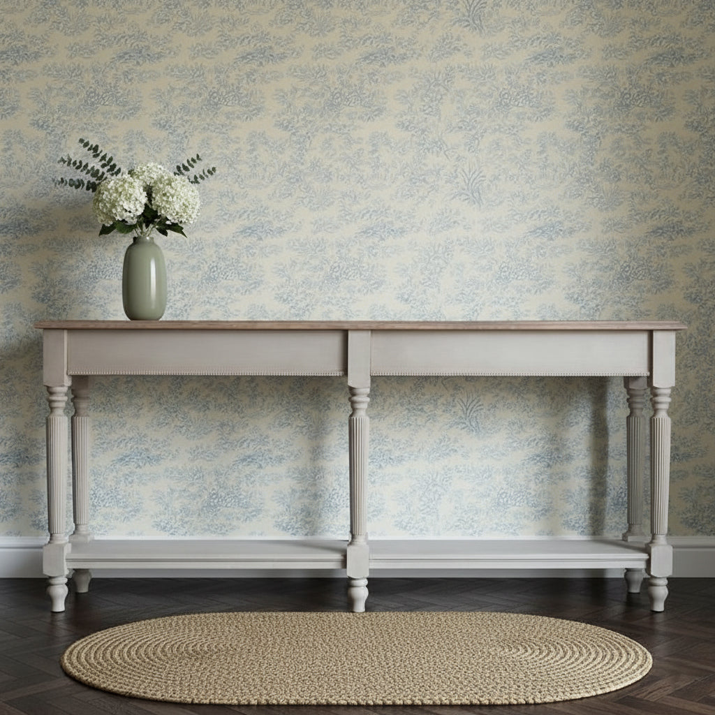 Extended Two-Tone Console Table with Double Support and Lower Shelf