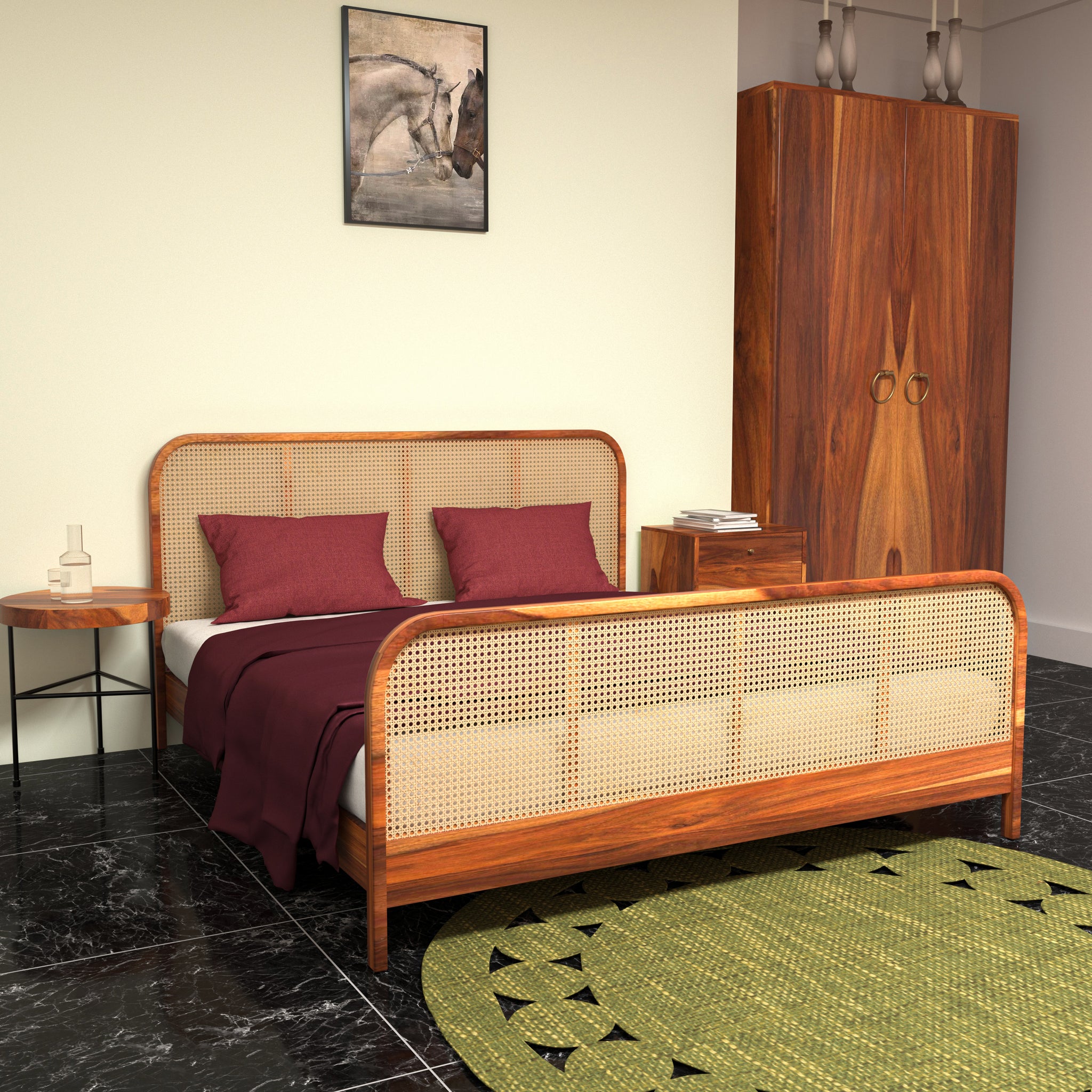 Unique Rustic Style Handmade Wooden Bed with Wooden Cupboard