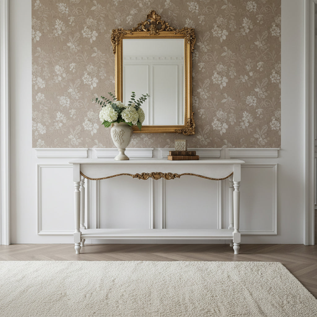 Elegant French Provincial Console Table - Antique White with Gold Accents