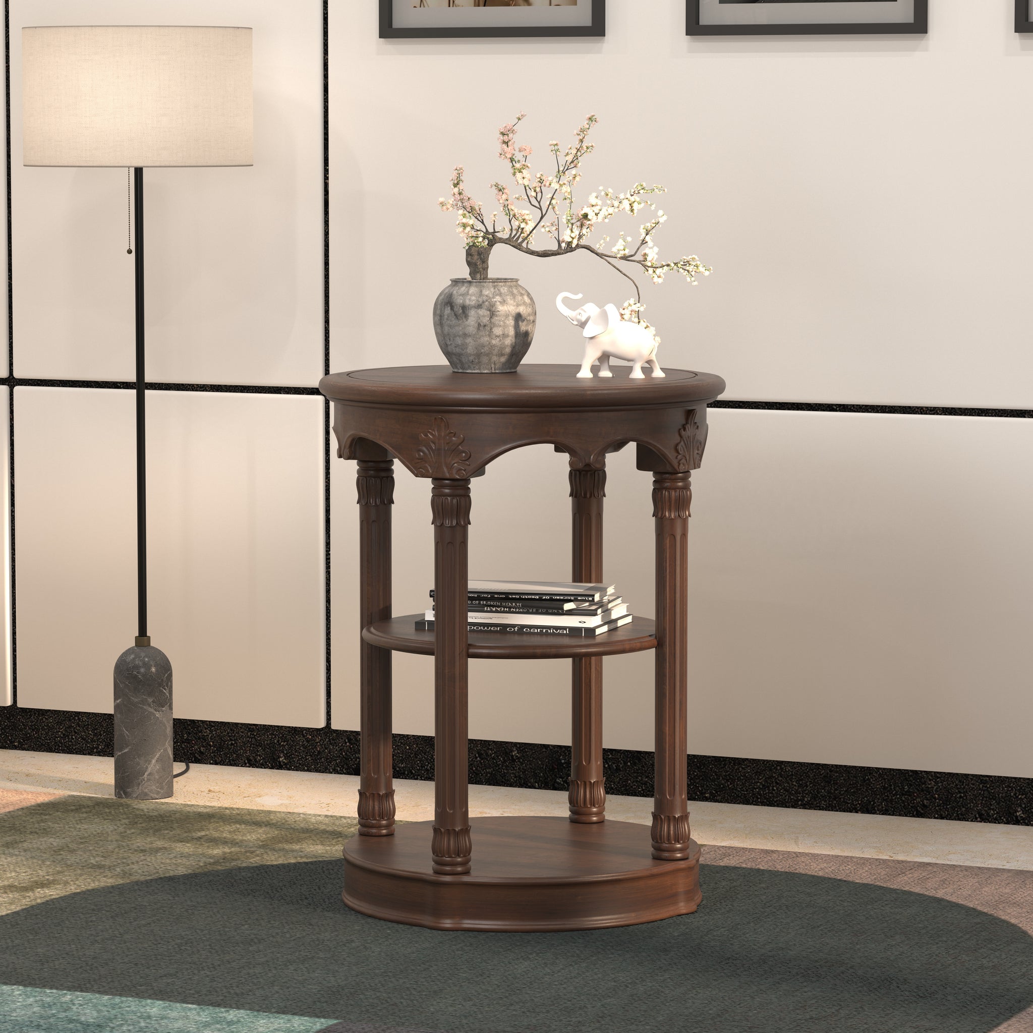 Round Three-Tier Side Table with Carved Scalloped Apron