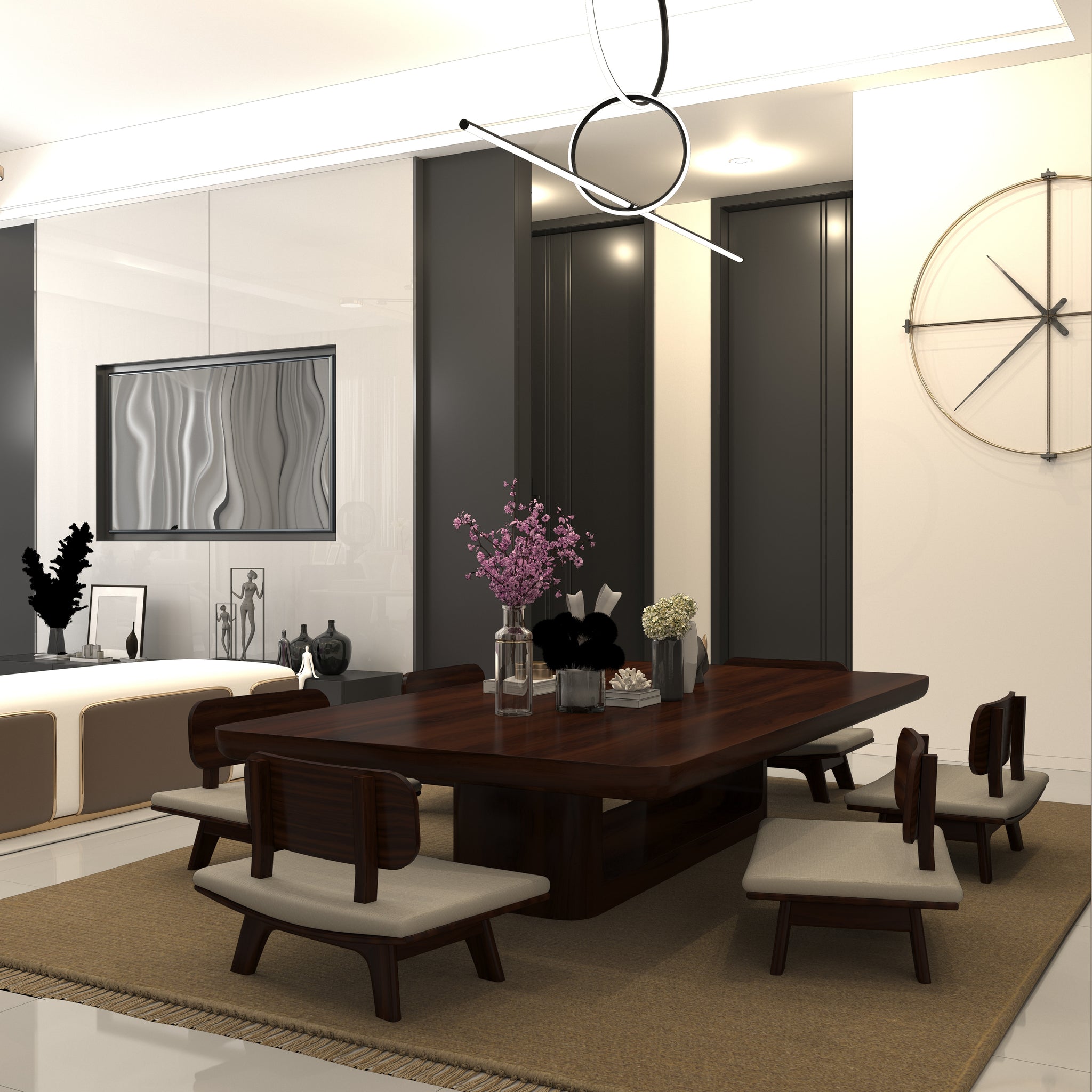 Modern Low-Height Dining Set - Dark Wood Table with Grey Upholstered ...