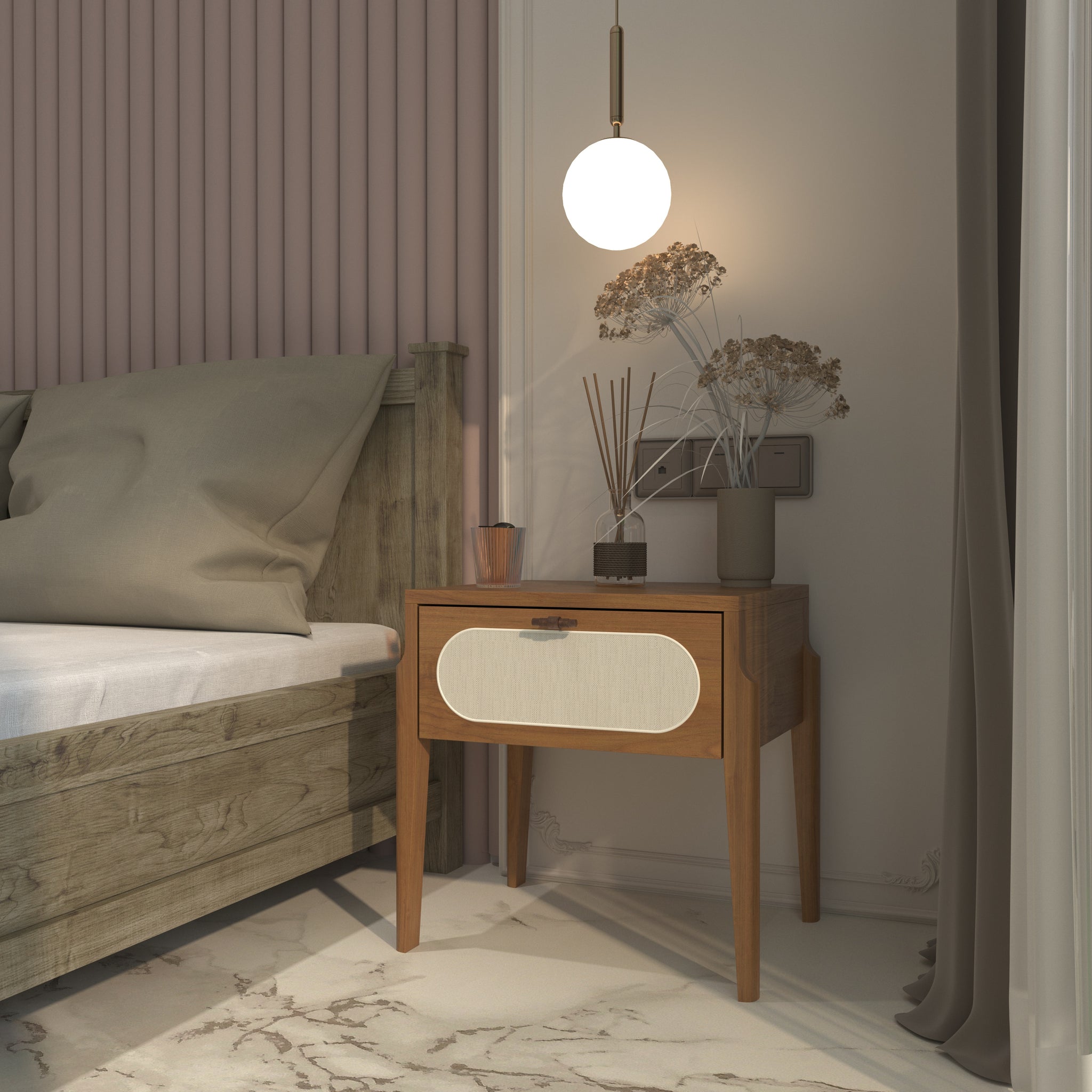 Cane Webbing Bedside Table - Mid-Century Modern Storage