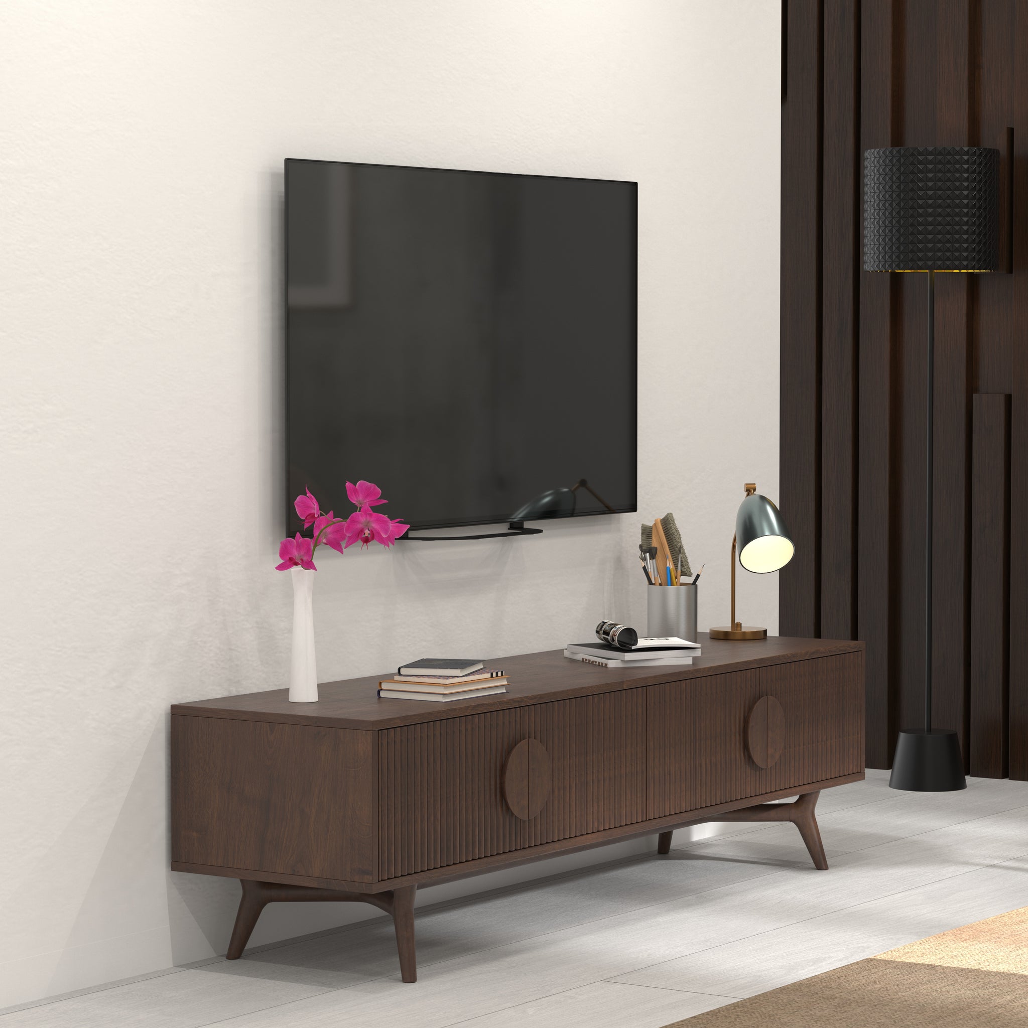 Textured Panel TV Stand - Mid-Century Modern Entertainment Unit