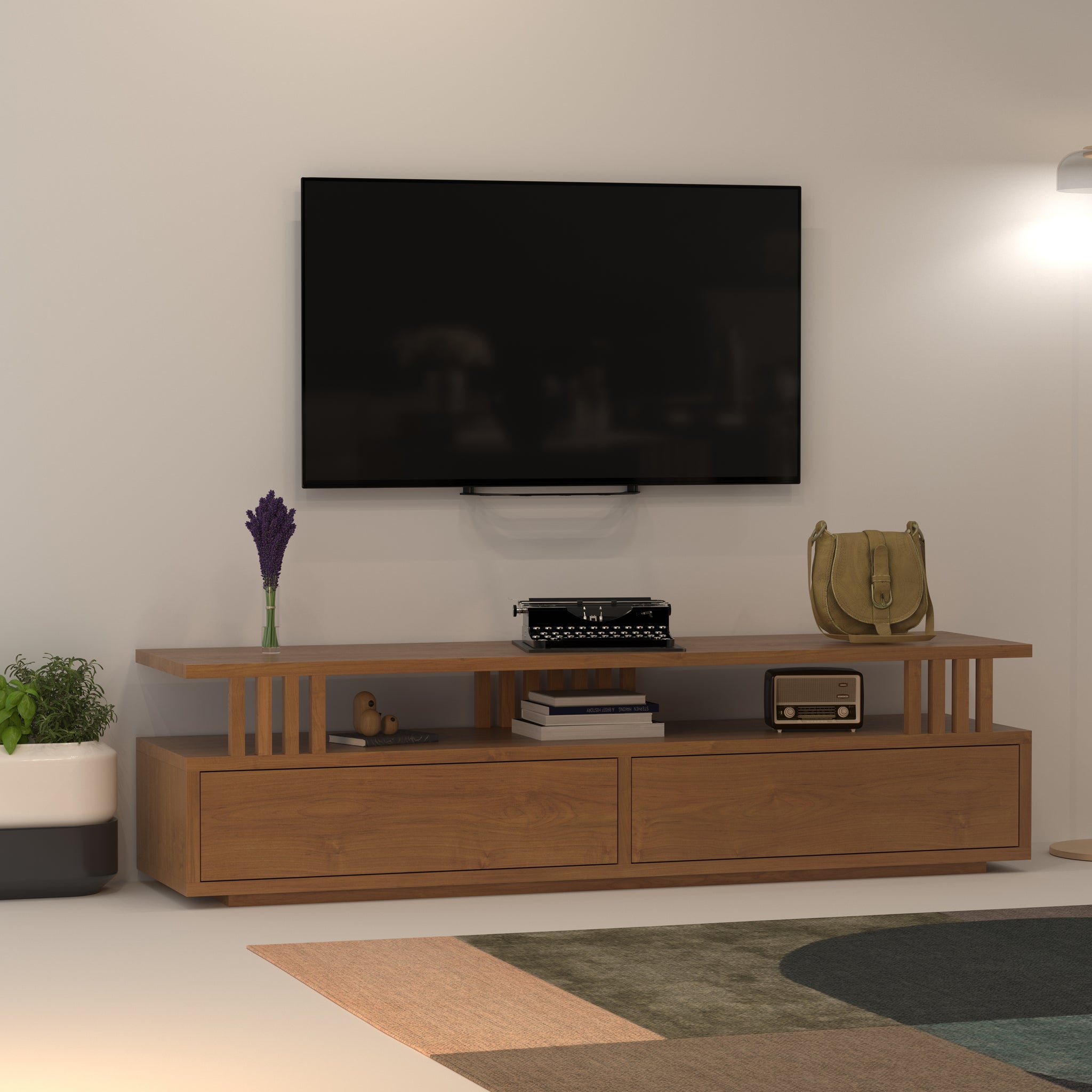 Two-Tier TV Console with Vertical Slat Design - Modern Media Unit