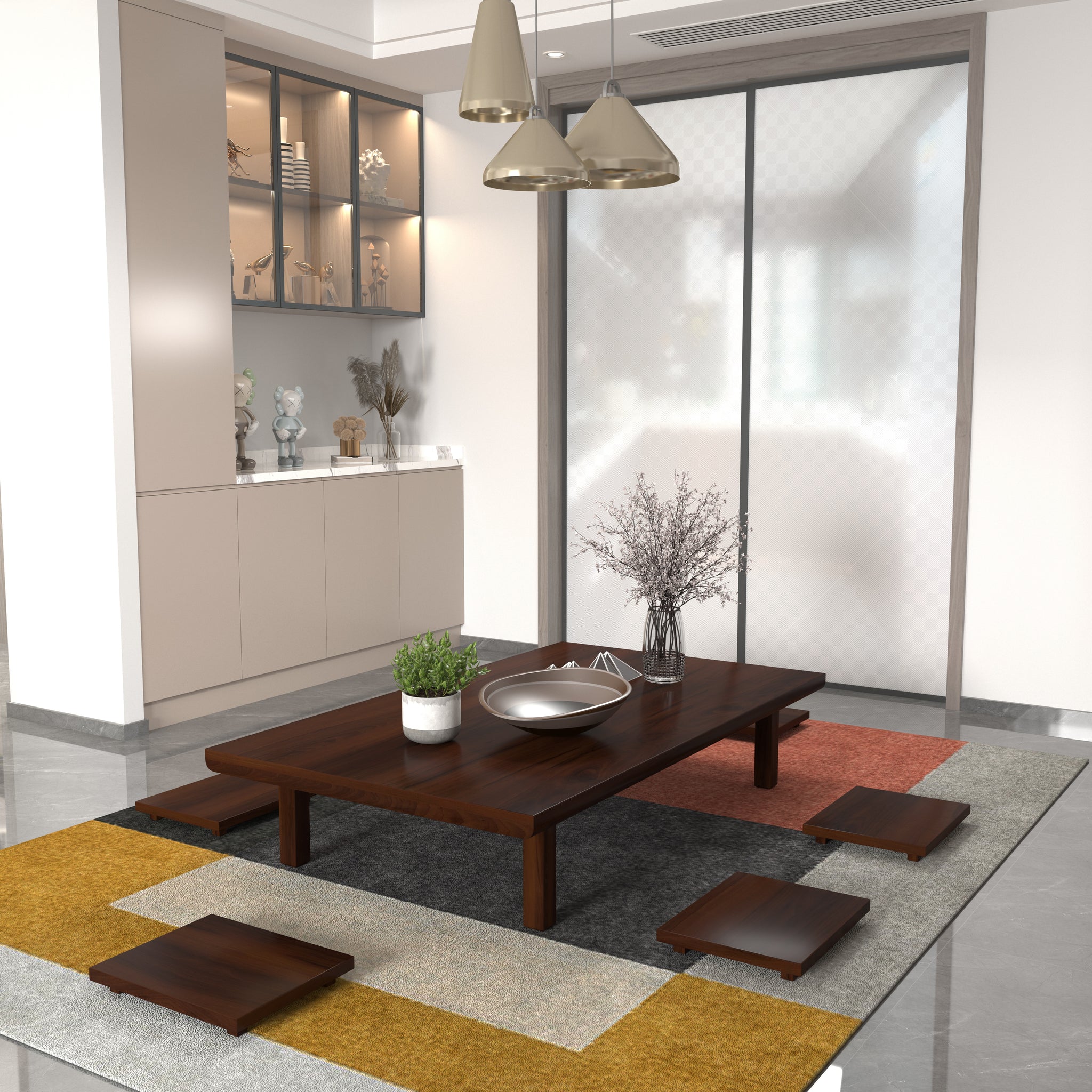 Modern Low Floor Wooden Dining Table Set – Minimalist Japanese Style