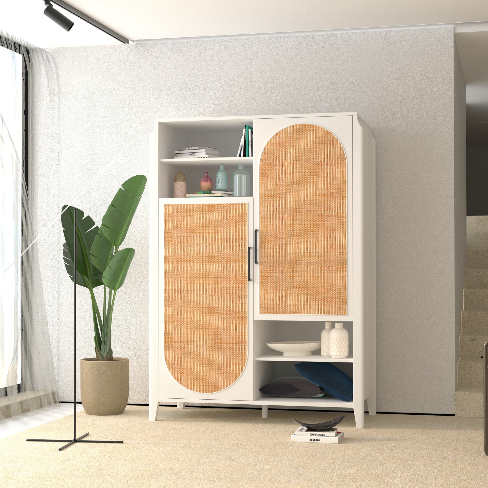 Amsterdam Asymmetric Storage Unit with Curved Cane Panels