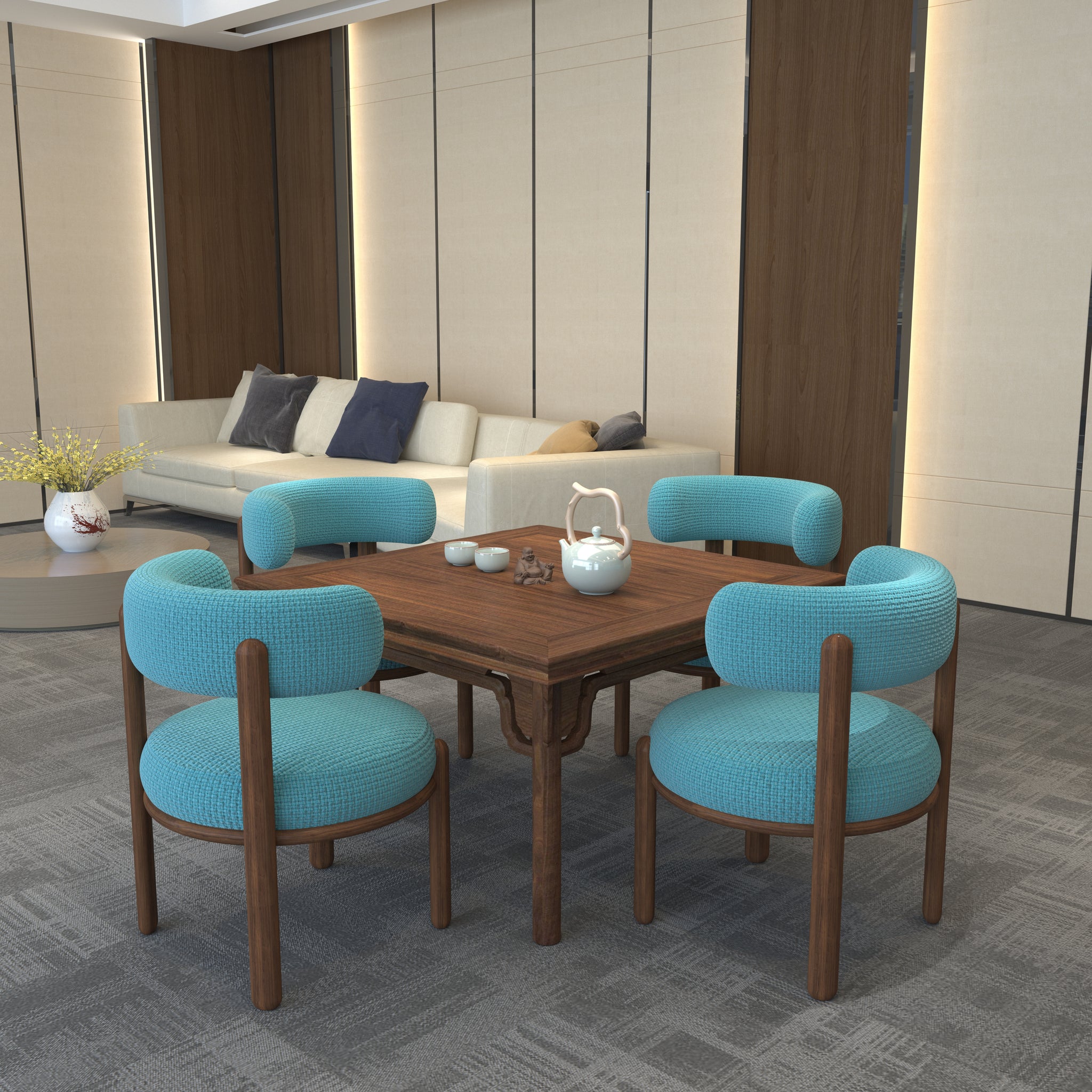 Japanese Style Low Height Dining Set - 4 Seater Walnut Table with ...