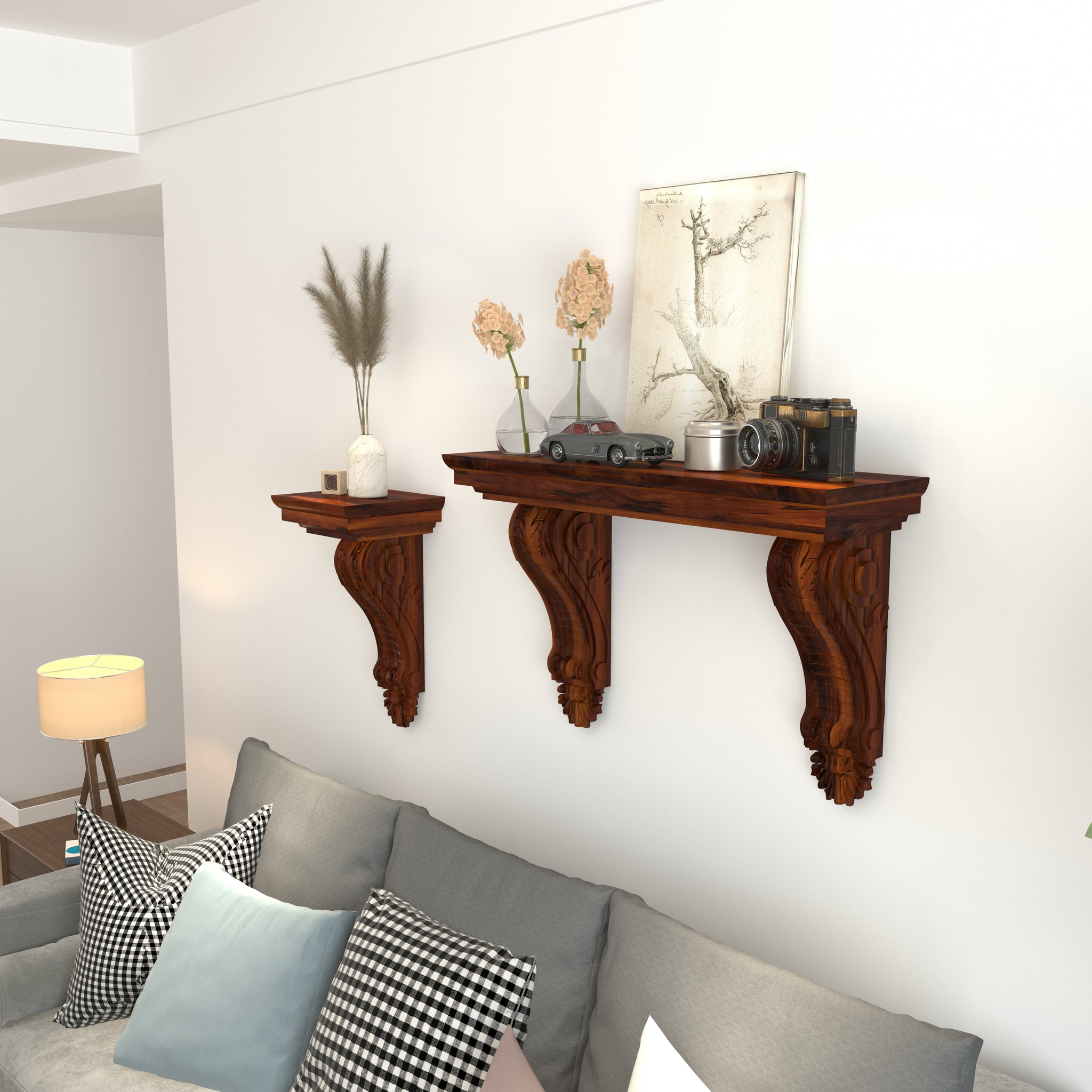 Hand-Carved Sheesham Wood Wall Frame Bracket with Floral Detailing