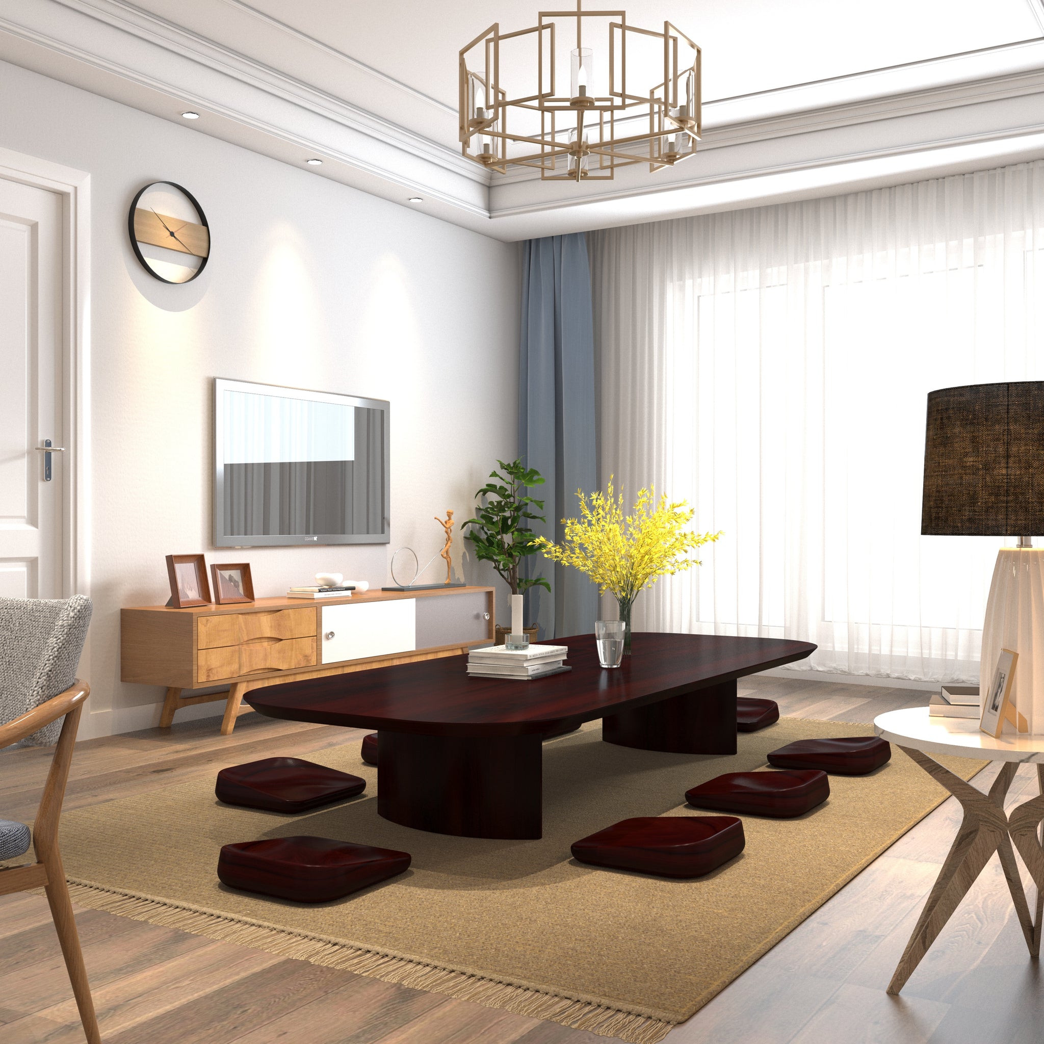 Modern Wooden Floor Dining Table with Cushions in Bright Minimalist ...