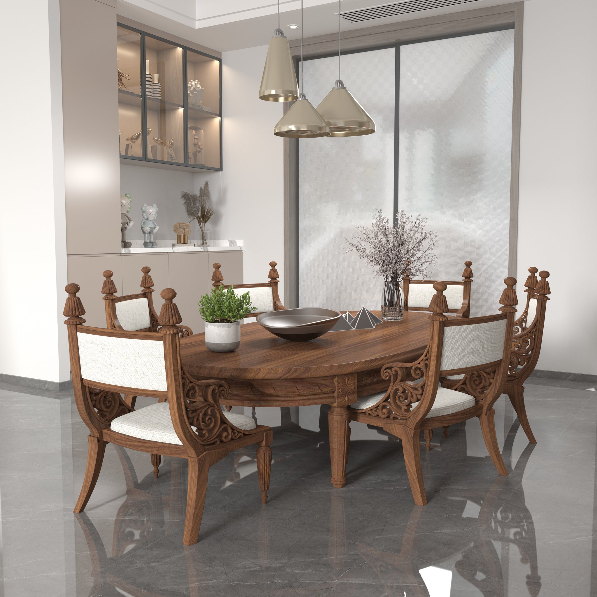 Ornate Round Wooden Dining Table with 6 Carved Chairs Set