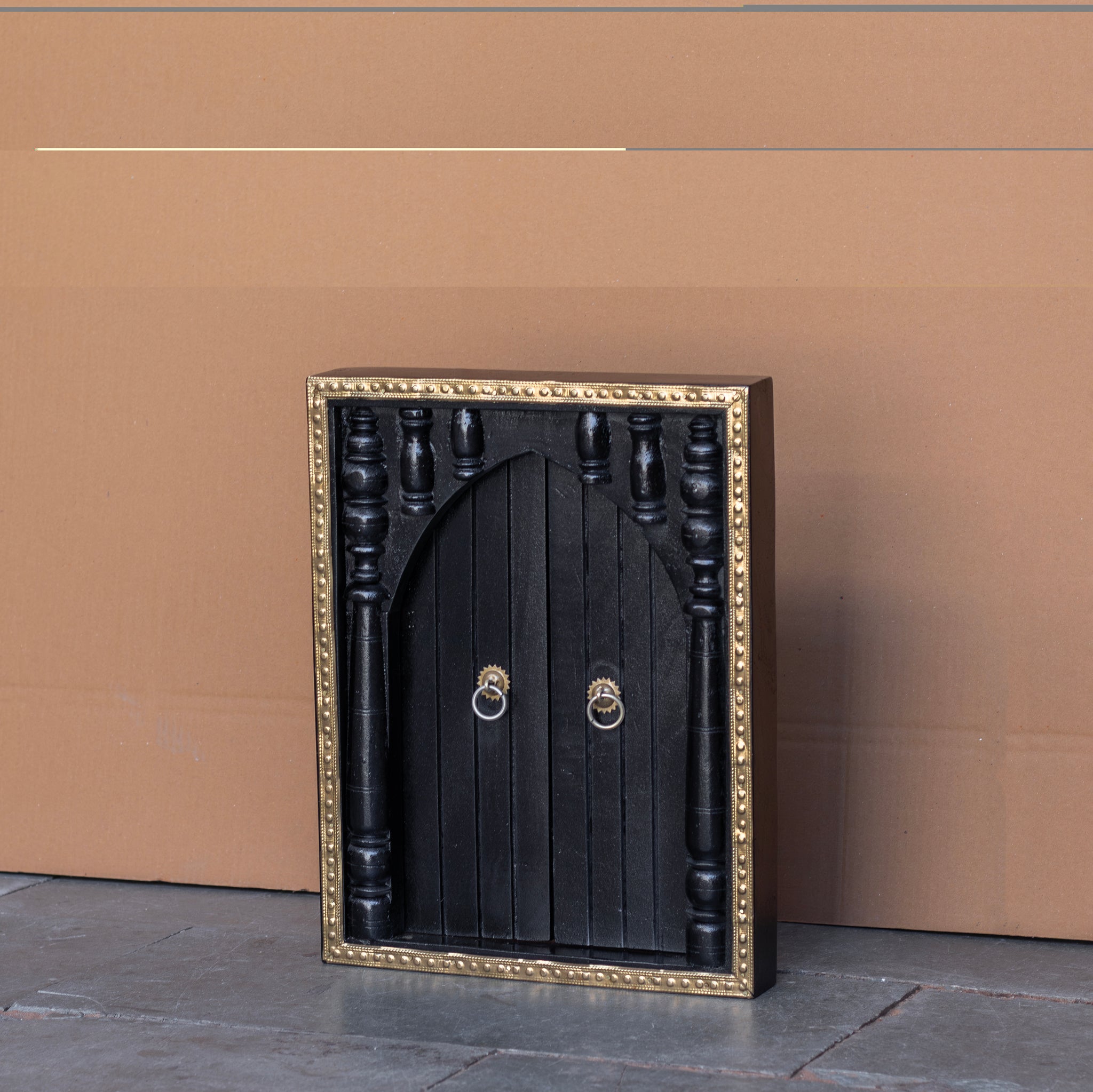Elegant Brass-Framed Haveli Arched Door Panel - Dark Wood with Golden ...