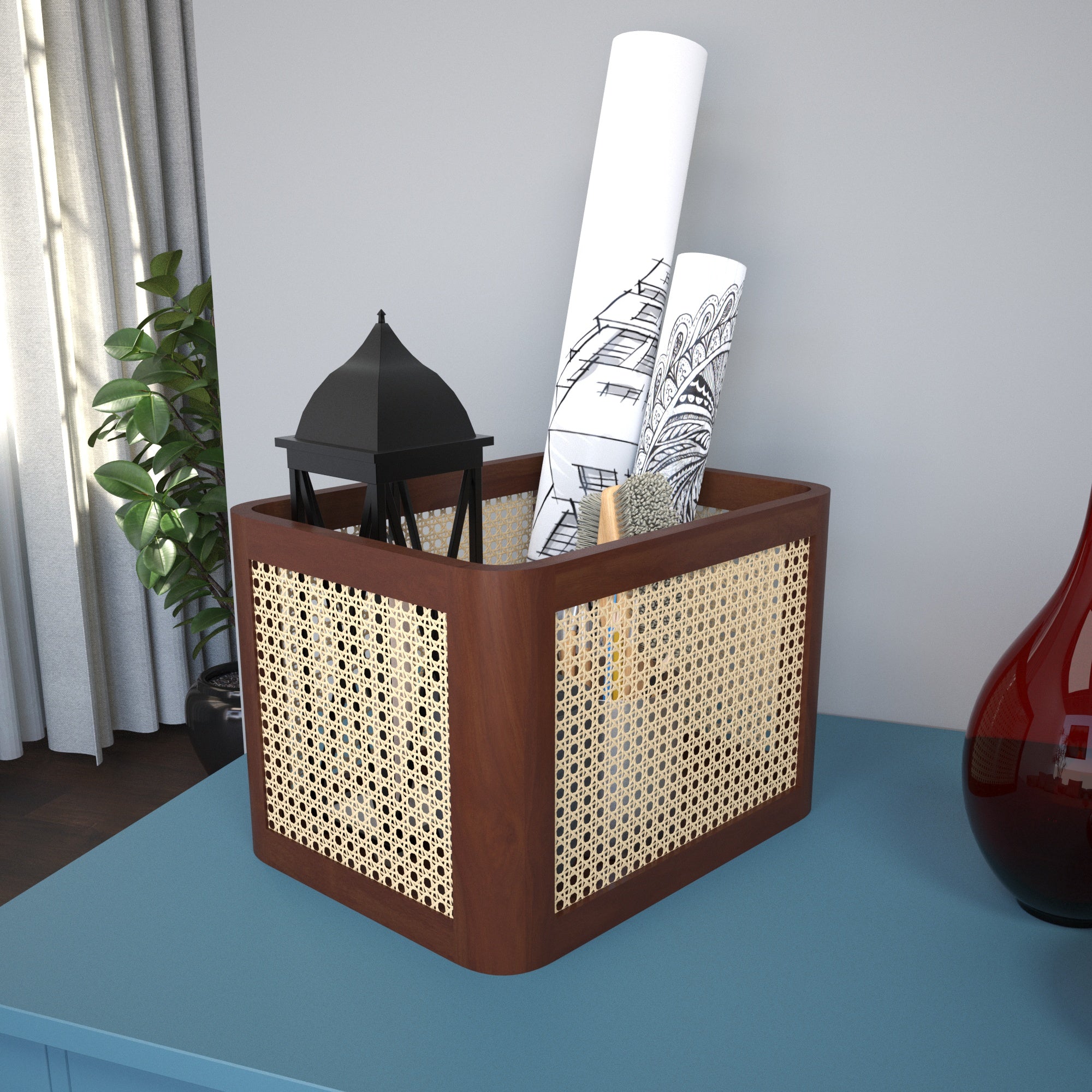 Brown Cane Storage Organizer - Wooden Basket with Natural Rattan Webbing