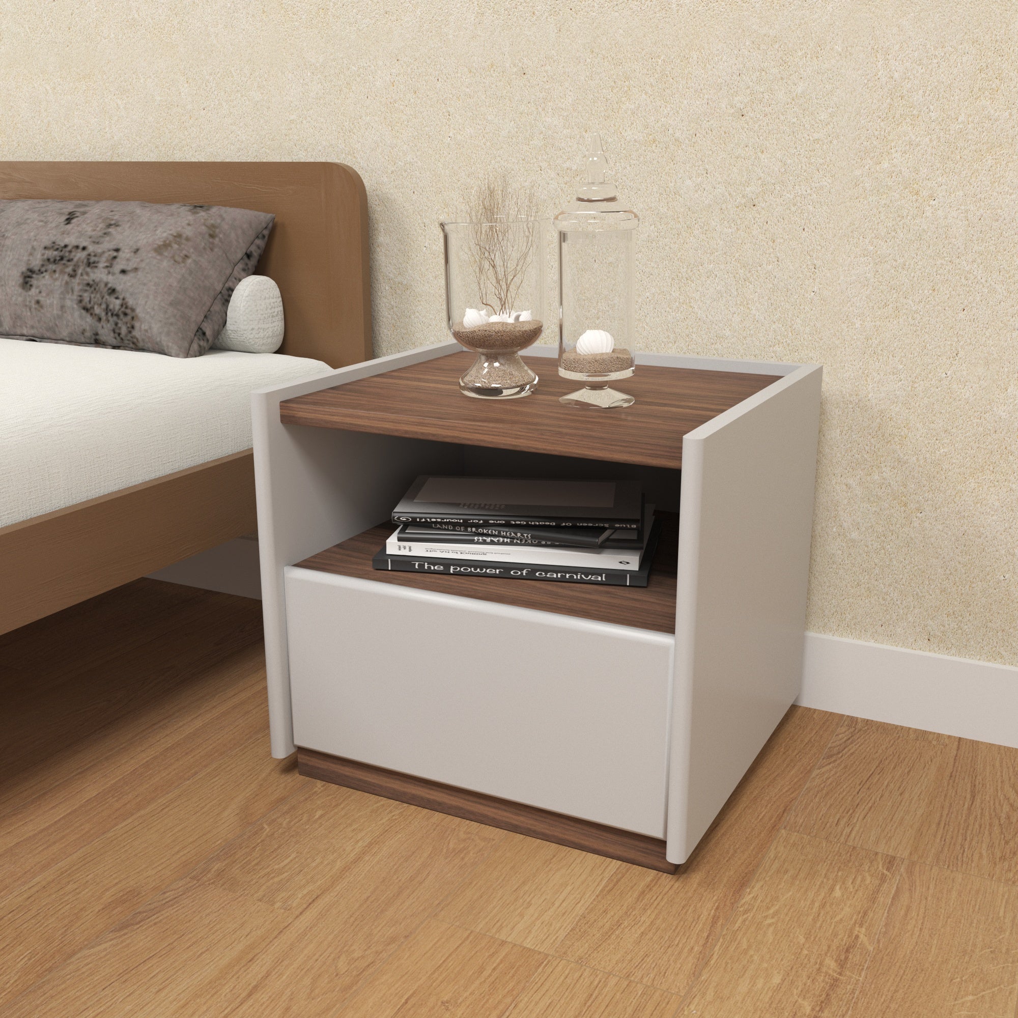 Modern Bedside Table with Open Shelf and Drawer