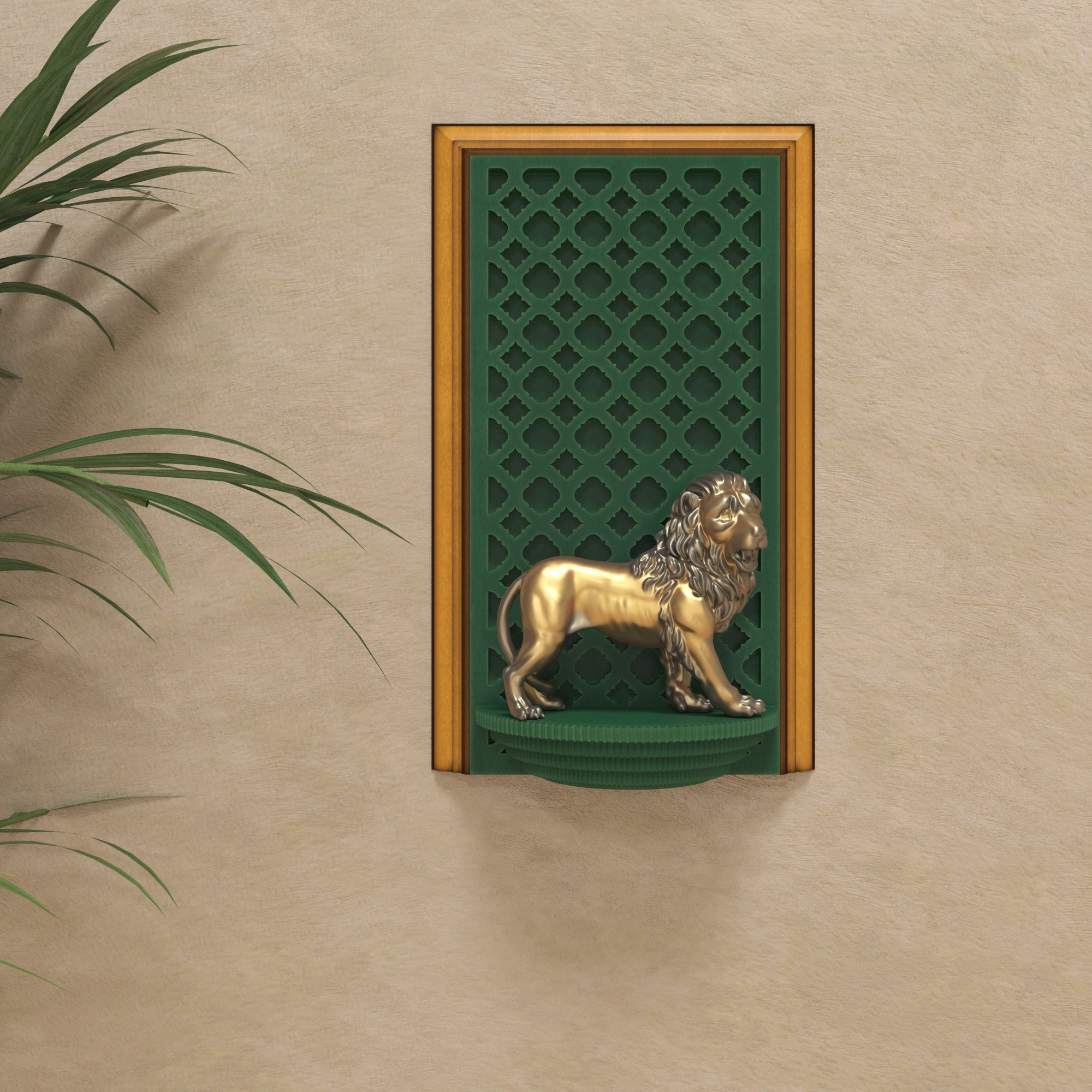 Jaali Pattern Wooden Wall Shelf – Traditional Green & Brown Décor
