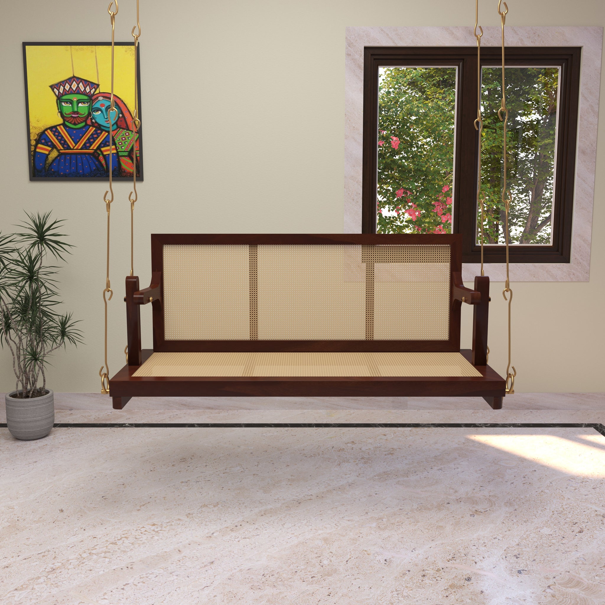 traditional cane swing with seating and back
