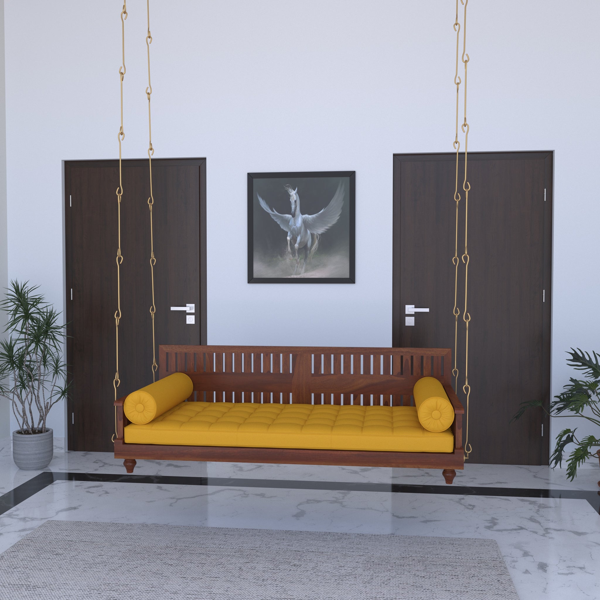 Elegant Wooden Swing with Slatted Backrest and Plush Yellow Cushion ...