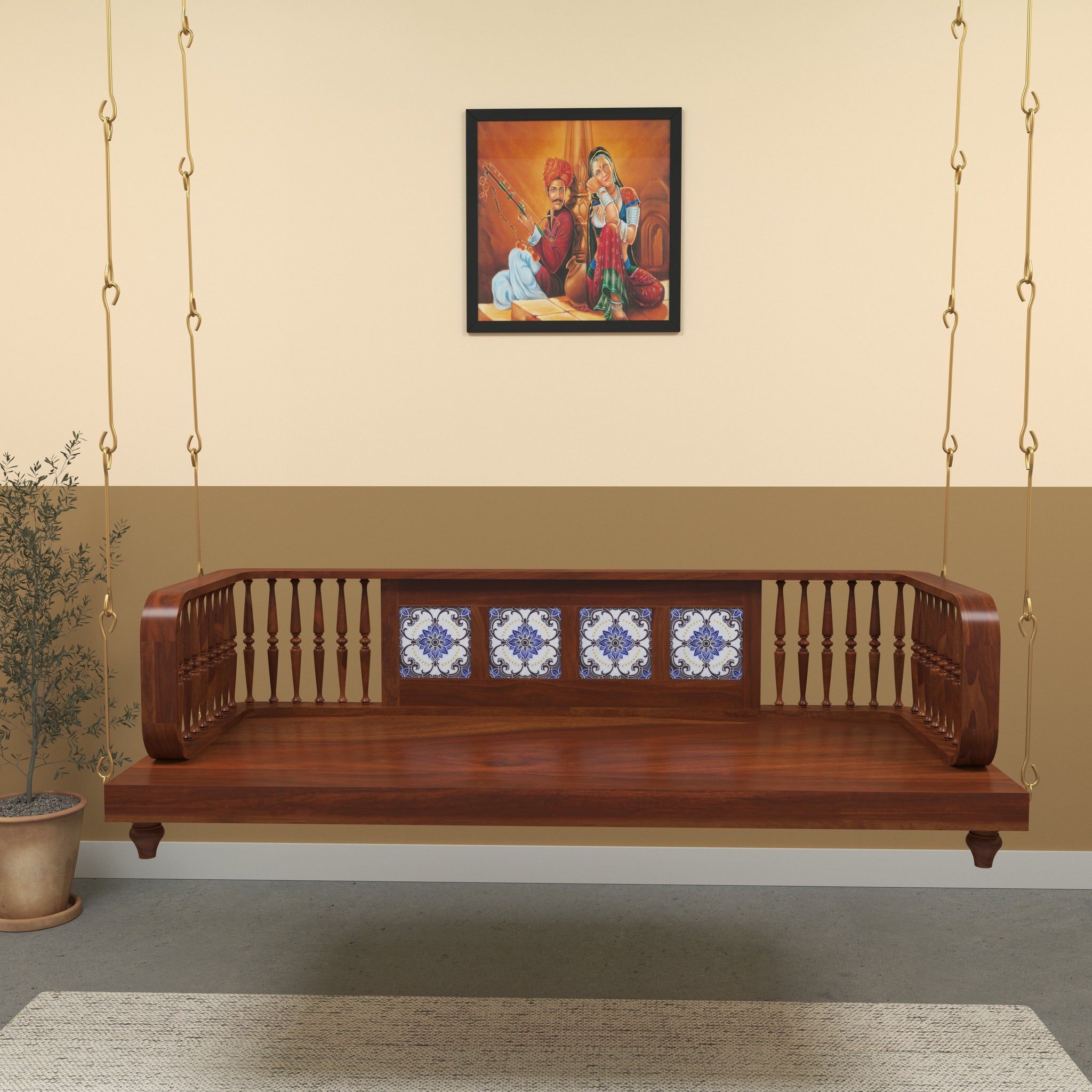Traditional Wooden Jhula Swing with Handcrafted Tile Inlay