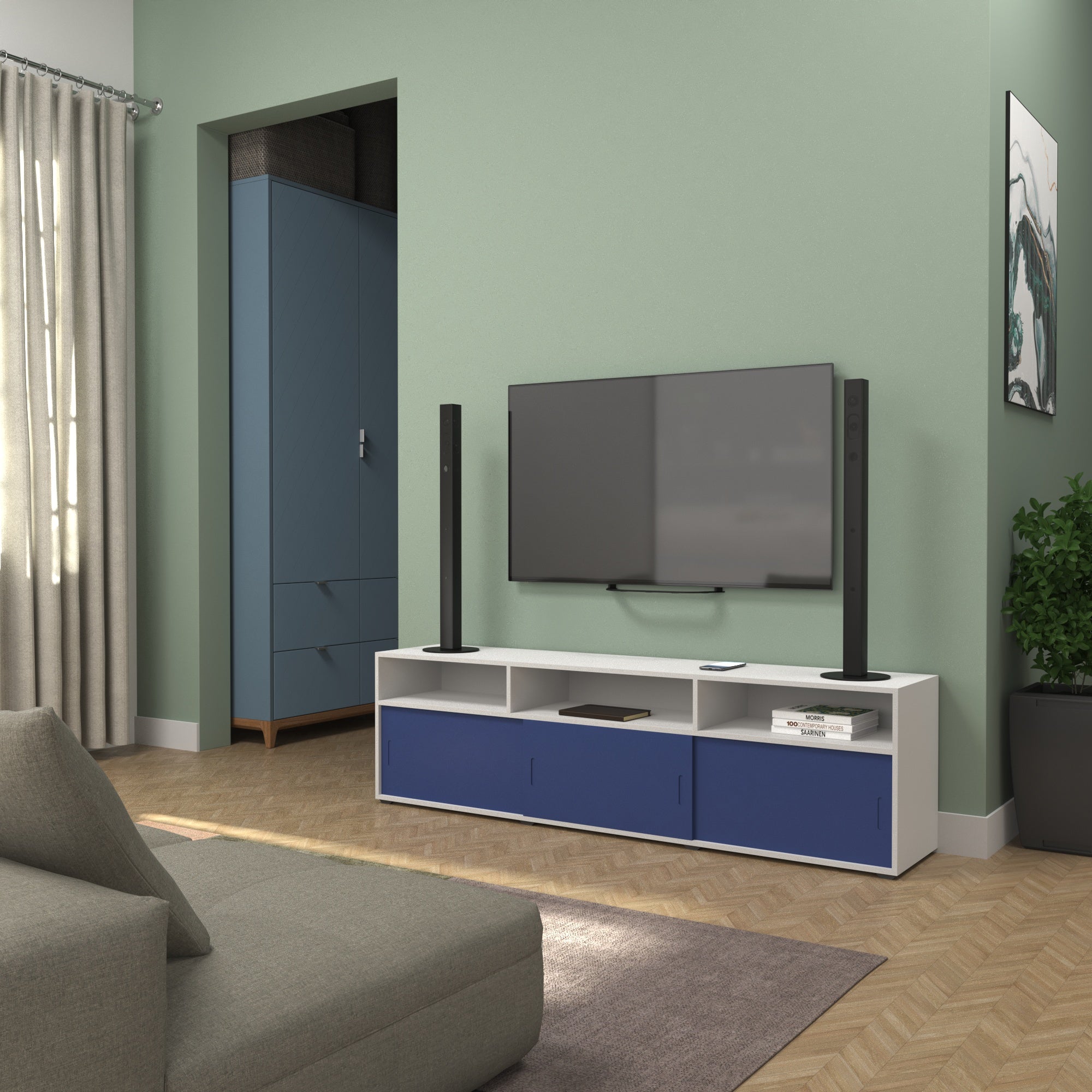 Contemporary White and Blue TV Unit with Sliding Doors